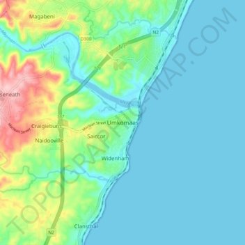Topografische Karte Umkomaas, Höhe, Relief