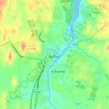 Topografische Karte Ballina, Höhe, Relief
