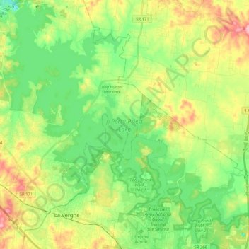 Topografische Karte J. Percy Priest Lake, Höhe, Relief