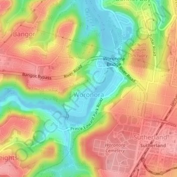 Topografische Karte Woronora, Höhe, Relief