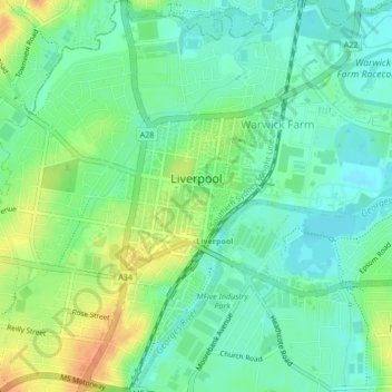 Topografische Karte Liverpool, Höhe, Relief