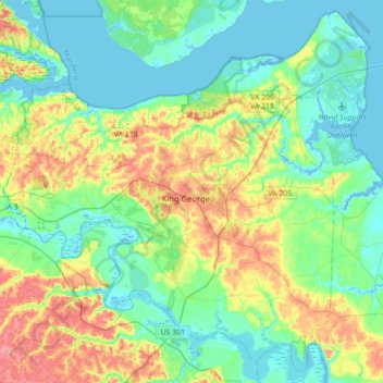 Topografische Karte King George County, Höhe, Relief