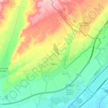 Topografische Karte Meco, Höhe, Relief