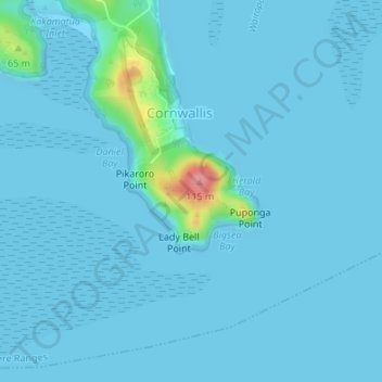 Topografische Karte Waitakere Ranges Regional Park, Höhe, Relief