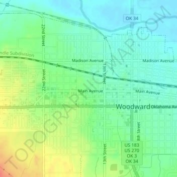 Topografische Karte Woodward, Oklahoma, Höhe, Relief